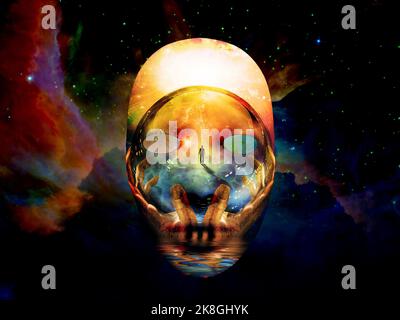 Mask with the image of seashore. Colorful universe on background. 3D ...