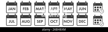 Yearly calendar icons set. All twelve months with names and serial numbers. Template for ...
