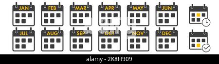 Yearly calendar icons set. All twelve months with names and serial numbers. Template for ...
