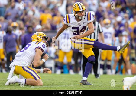 LSU kicker Damian Ramos (34) looks to kick a field goal during an NCAA ...