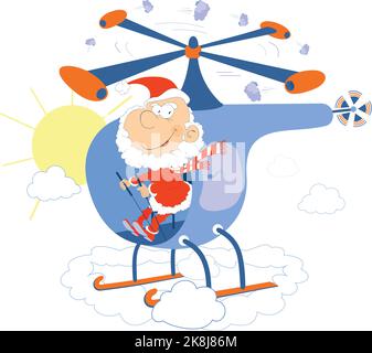 Funny pilot Santa Claus flies on the airplane illustration. Cartoon ...
