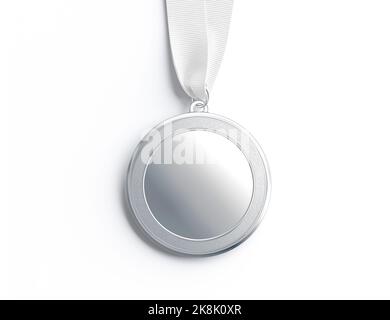 Blank silver medal with ribbon mockup lying, side view, 3d rendering ...