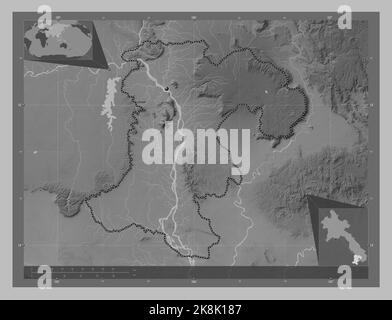 Champasak, province of Laos. Grayscale elevation map with lakes and ...