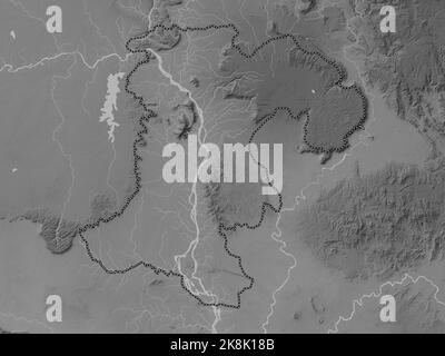 Champasak, province of Laos. Grayscale elevation map with lakes and ...