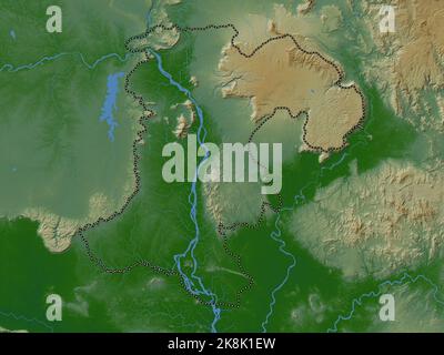 Champasak, province of Laos. Colored elevation map with lakes and ...