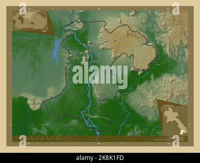 Champasak, province of Laos. Colored elevation map with lakes and ...