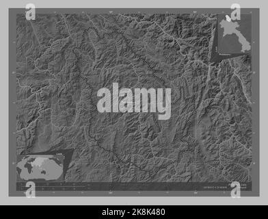 Phongsali, province of Laos. Grayscale elevation map with lakes and ...