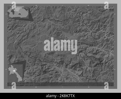 Xiangkhoang, province of Laos. Grayscale elevation map with lakes and ...