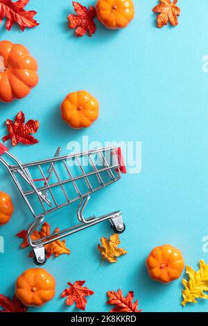 Creative Halloween autumn shopping design concept decoration on blue ...