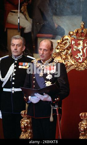 Oslo 19910121. King Harald during the position of the Storting after King Olav's death. Photo ...