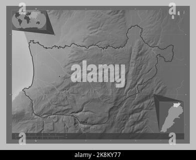 Akkar, governorate of Lebanon. Grayscale elevation map with lakes and ...