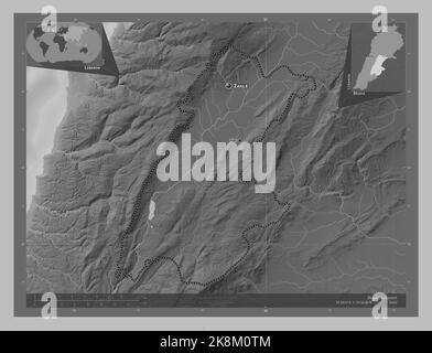 Beqaa, governorate of Lebanon. Grayscale elevation map with lakes and ...