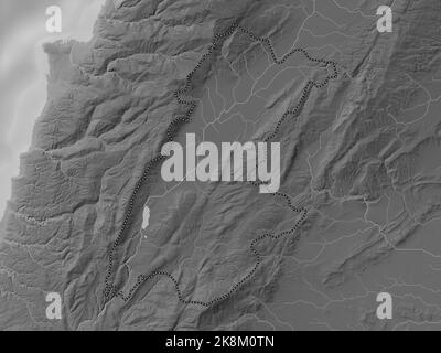 Beqaa, governorate of Lebanon. Grayscale elevation map with lakes and ...