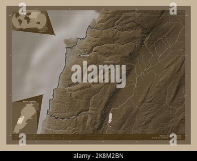 Mount Lebanon, governorate of Lebanon. Colored elevation map with lakes ...