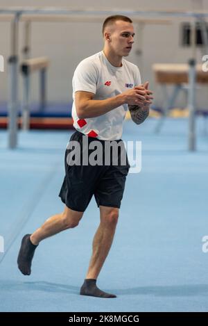Croatian gymnast Aurel Benovic show his skills before the press ...