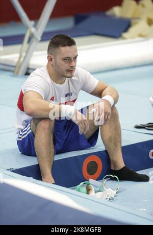 Croatian gymnast Tin Srbic show his skills before the press conference ...