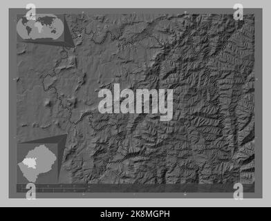 Maseru, district of Lesotho. Grayscale elevation map with lakes and ...
