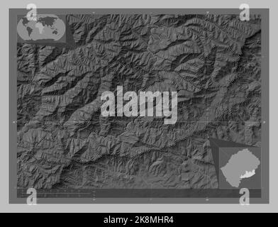Qacha's Nek, district of Lesotho. Grayscale elevation map with lakes ...