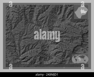 Thaba-Tseka, district of Lesotho. Grayscale elevation map with lakes ...