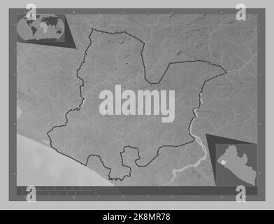 Bomi, county of Liberia. Grayscale elevation map with lakes and rivers ...
