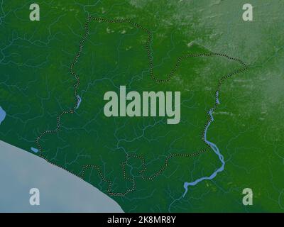 Bomi, county of Liberia. Colored elevation map with lakes and rivers ...