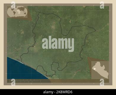 Bomi, county of Liberia. High resolution satellite map. Locations of ...