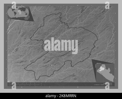 Gbapolu, county of Liberia. Grayscale elevation map with lakes and ...
