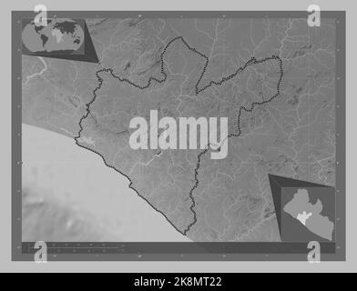 Grand Bassa, county of Liberia. Grayscale elevation map with lakes and ...
