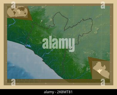 Grand Bassa, county of Liberia. Colored elevation map with lakes and ...