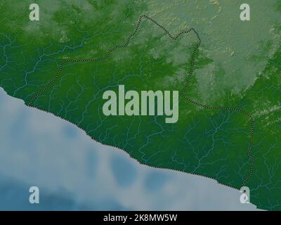 Grand Kru, county of Liberia. Elevation map colored in sepia tones with ...
