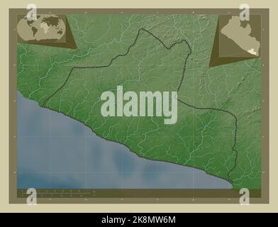 Grand Kru, county of Liberia. Colored elevation map with lakes and ...