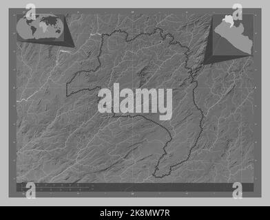 Lofa, county of Liberia. Grayscale elevation map with lakes and rivers ...