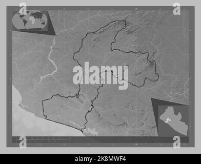 Margibi, county of Liberia. Grayscale elevation map with lakes and ...
