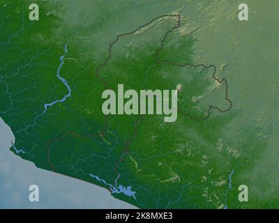 Margibi, county of Liberia. Colored elevation map with lakes and rivers ...