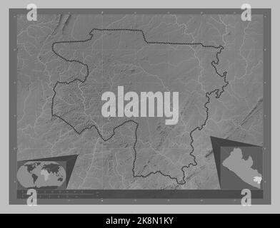 River Gee, county of Liberia. Grayscale elevation map with lakes and ...