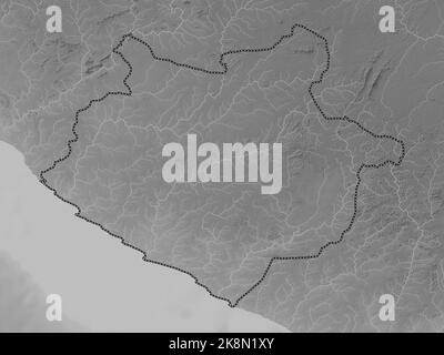 Sinoe, county of Liberia. Elevation map colored in sepia tones with ...