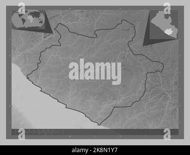 Sinoe, county of Liberia. Grayscale elevation map with lakes and rivers ...