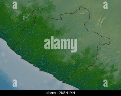 Sinoe, county of Liberia. Colored elevation map with lakes and rivers ...