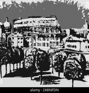 A city view of Roma with Coliseum in modern color woodcut style ...