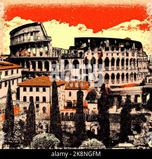 A city view of Roma with Coliseum in modern color woodcut style ...