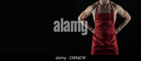 muscular man sport chef in apron isolated on black background. banner ...
