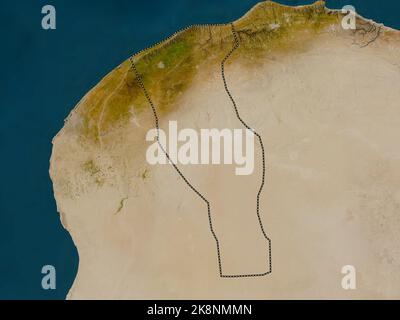 Al Marj, district of Libya. Low resolution satellite map. Locations of ...