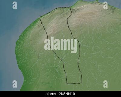 Al Marj, district of Libya. Colored elevation map with lakes and rivers ...