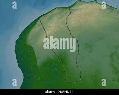 Al Marj, district of Libya. Colored elevation map with lakes and rivers ...