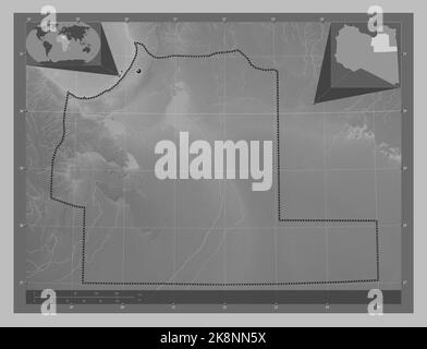 Al Wahat, district of Libya. Grayscale elevation map with lakes and ...