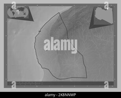 Benghazi, district of Libya. Grayscale elevation map with lakes and ...