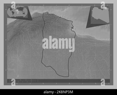 Darnah, district of Libya. Grayscale elevation map with lakes and ...