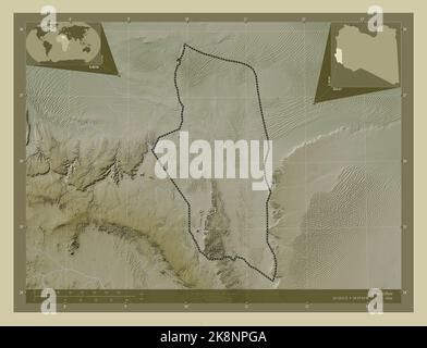 Ghat, district of Libya. Colored elevation map with lakes and rivers ...