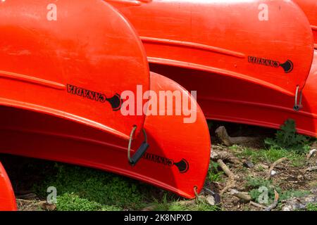 prow bow of red green canoe kayak neatly stacked inverted laid on grass ...