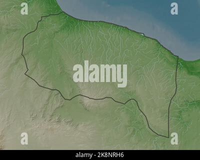 Surt, district of Libya. Colored elevation map with lakes and rivers ...